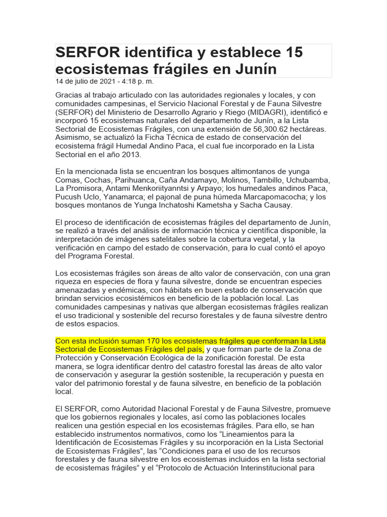15 Ecosistemas Frágiles en Junín | PDF | Los bosques | Ecosistema