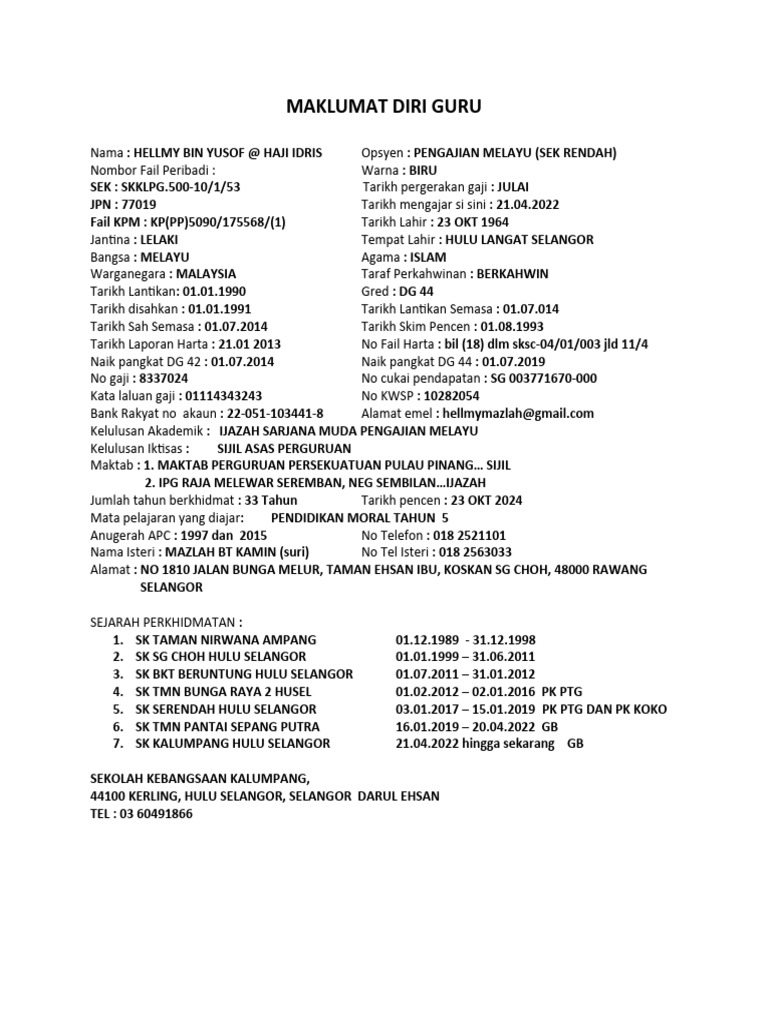 Maklumat Diri Guru Hellmy | PDF