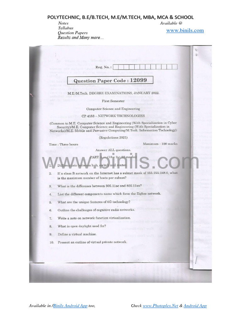 CP 4153 Network Technologies I Old Question Paper | PDF
