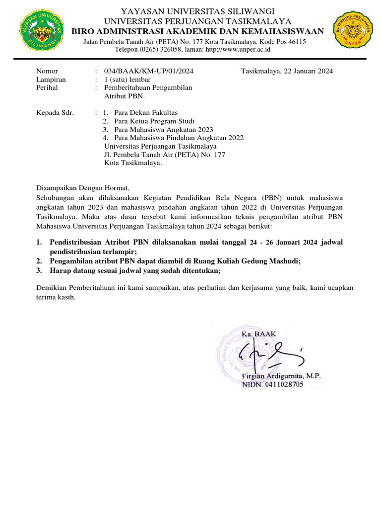 Surat Pemberitahuan Pengambilan Atribut PBN Tahun 2024 | PDF