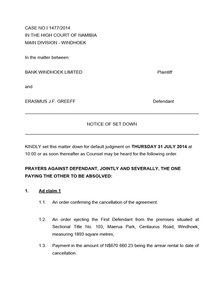 Notice of Set Down for Default Judgment | PDF | Law