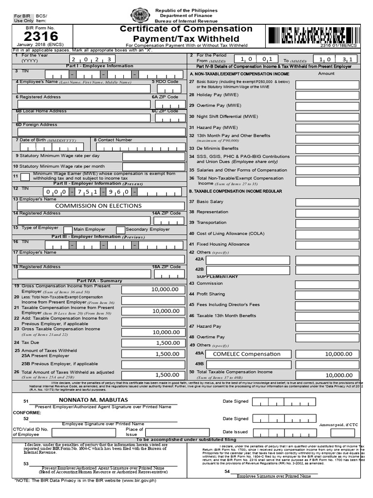 BIR Form 2316: Compensation Certificate | PDF | Cost Of Living | Taxes