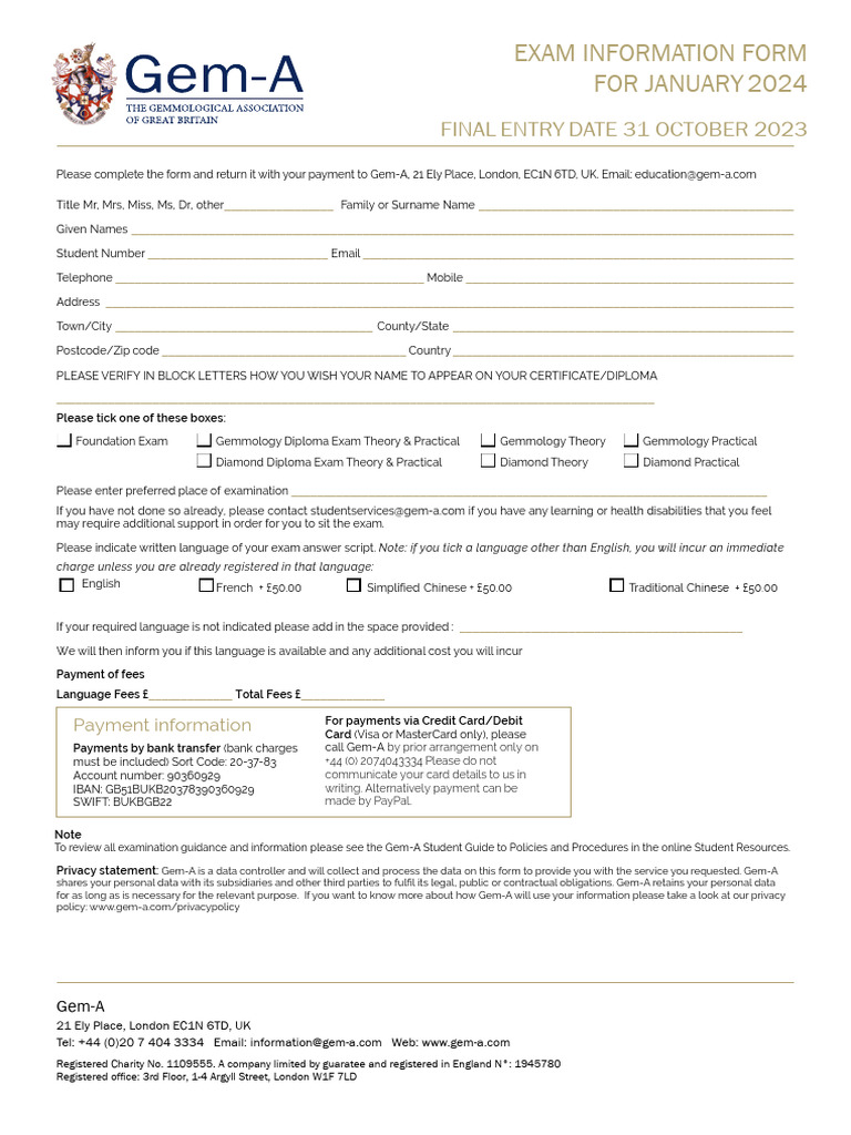 Gem A Examination Info Form January 2024 | PDF | Payments | Debit Card