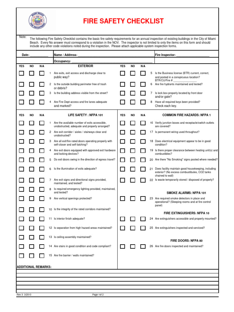 Checklist Annual Fire Safety Inspection Rev 3 | PDF | Fire Sprinkler ...