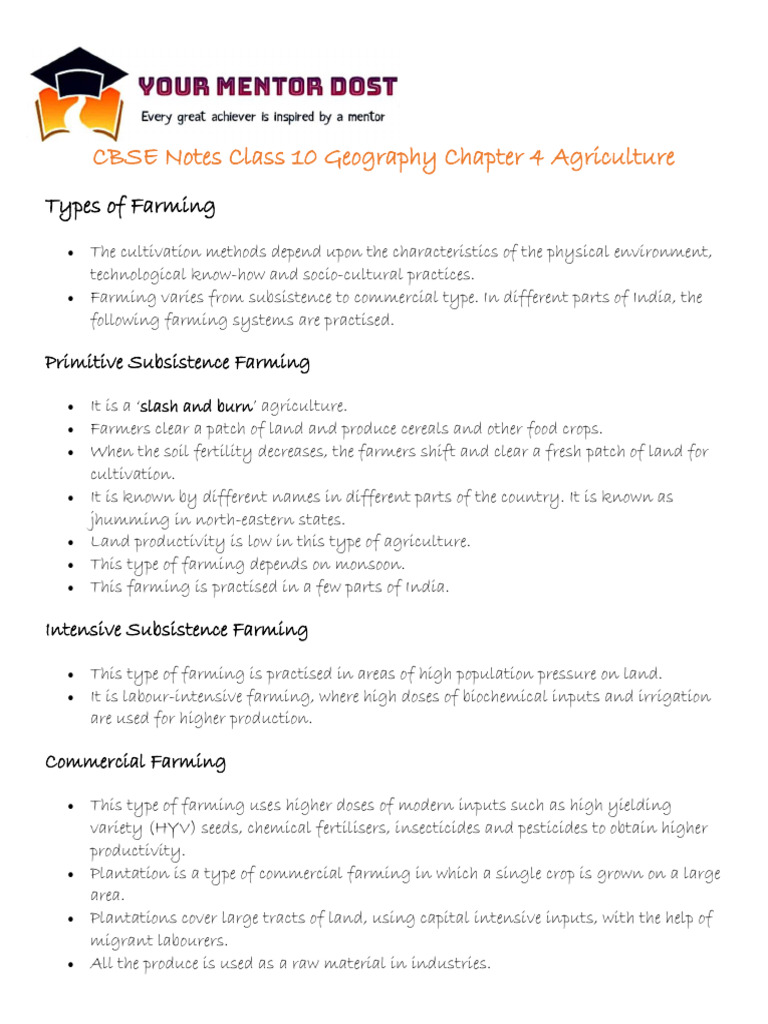 CBSE Notes Class 10 Geography Chapter 4 Agriculture | PDF | Agriculture ...