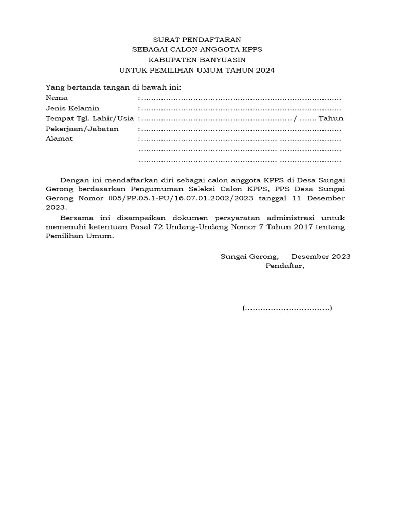 Formulir Pendaftaran KPPS SG | PDF