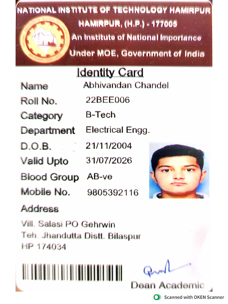 Identity Card (NIT Hamirpur) | PDF