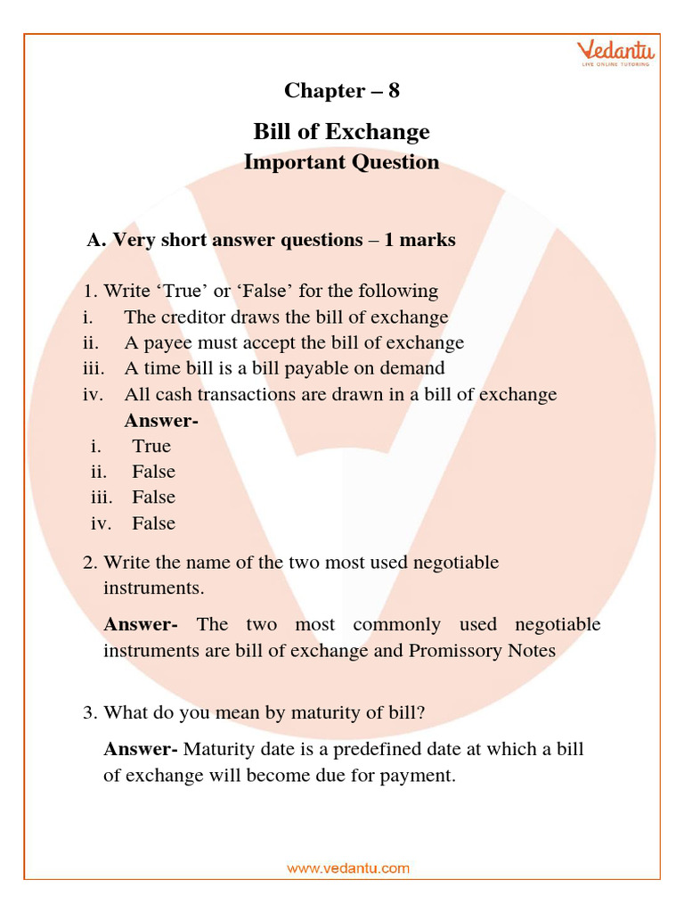 Important Questions For CBSE Class 11 Accountancy Chapter 8 - Bill of ...