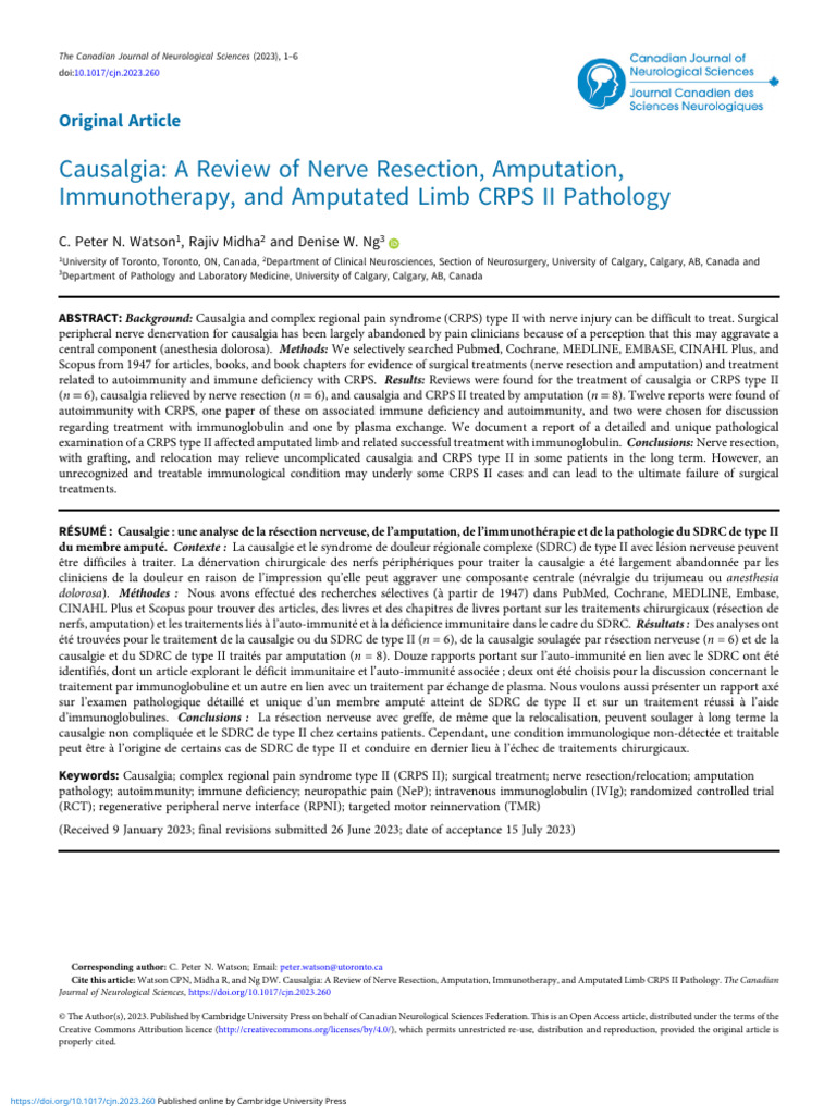 Causalgia A Review of Nerve Resection Amputation Immunotherapy and ...