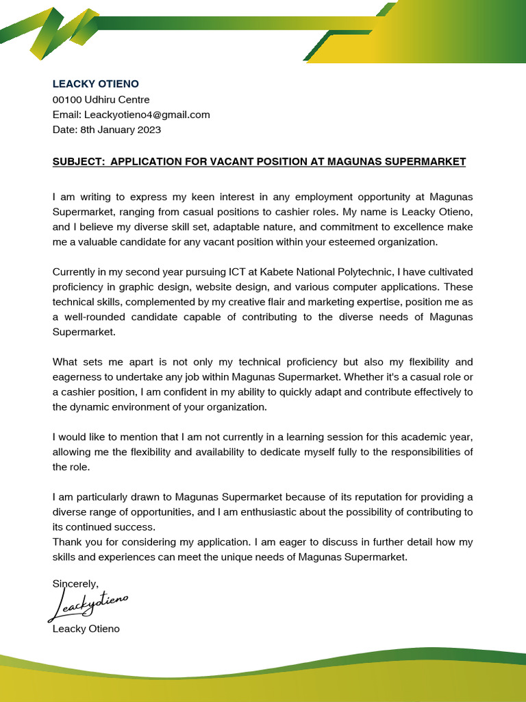 Magunas Supermarket Cover Letter | PDF