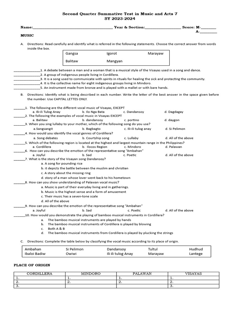 Second Quarter Summative Test Music and Arts | PDF