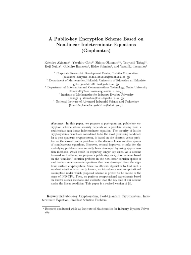 A Public-Key Encryption Scheme Based On Non-Linear Indeterminate Equations (Giophantus) | PDF ...