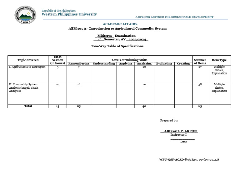 1st Sem 2023-2024 - Midterm TOS in ABM 105 A | PDF