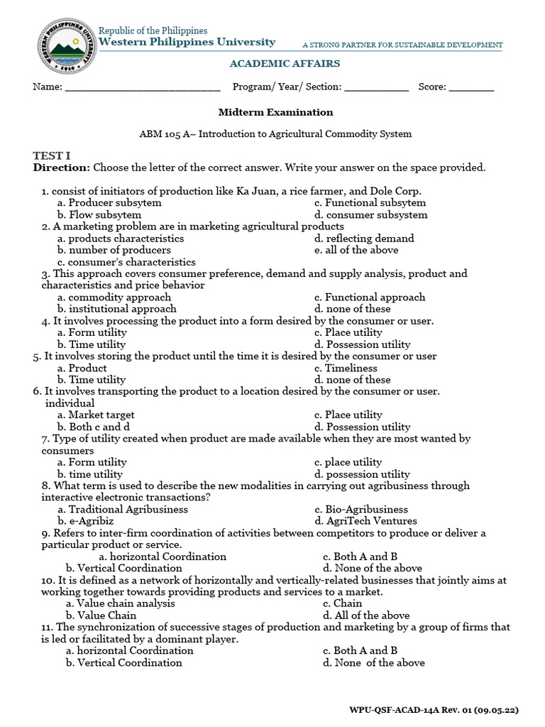 1st Sem 2023-2024 - Midterm Exam in ABM 105 A | PDF | Agribusiness ...