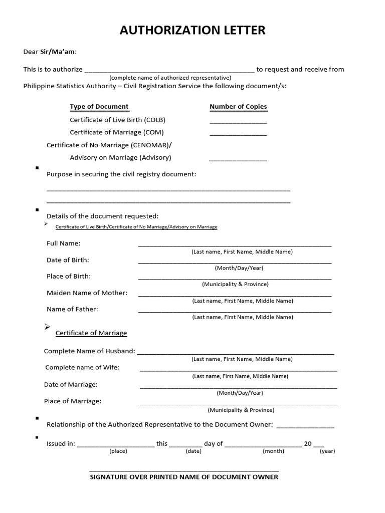 Authorization Letter Template | PDF | Birth Certificate | Family