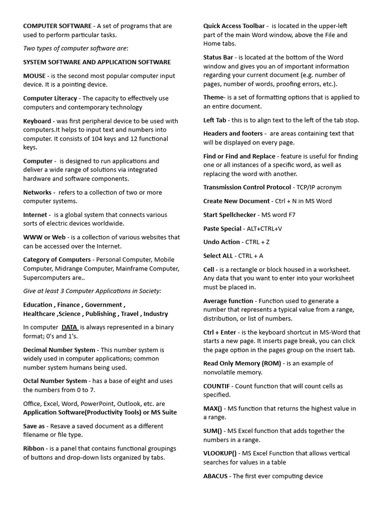 COMPUTER SOFTWARE Reviewer | PDF | Microsoft Excel | Microsoft Word