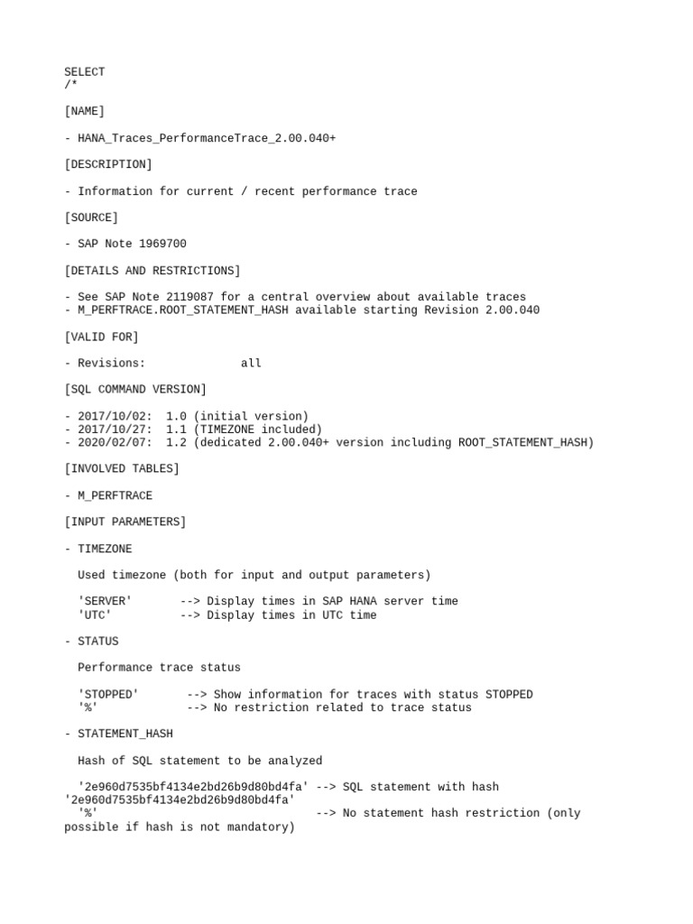 HANA Traces PerformanceTrace 2.00.040+ | PDF | Sql | Computer Programming