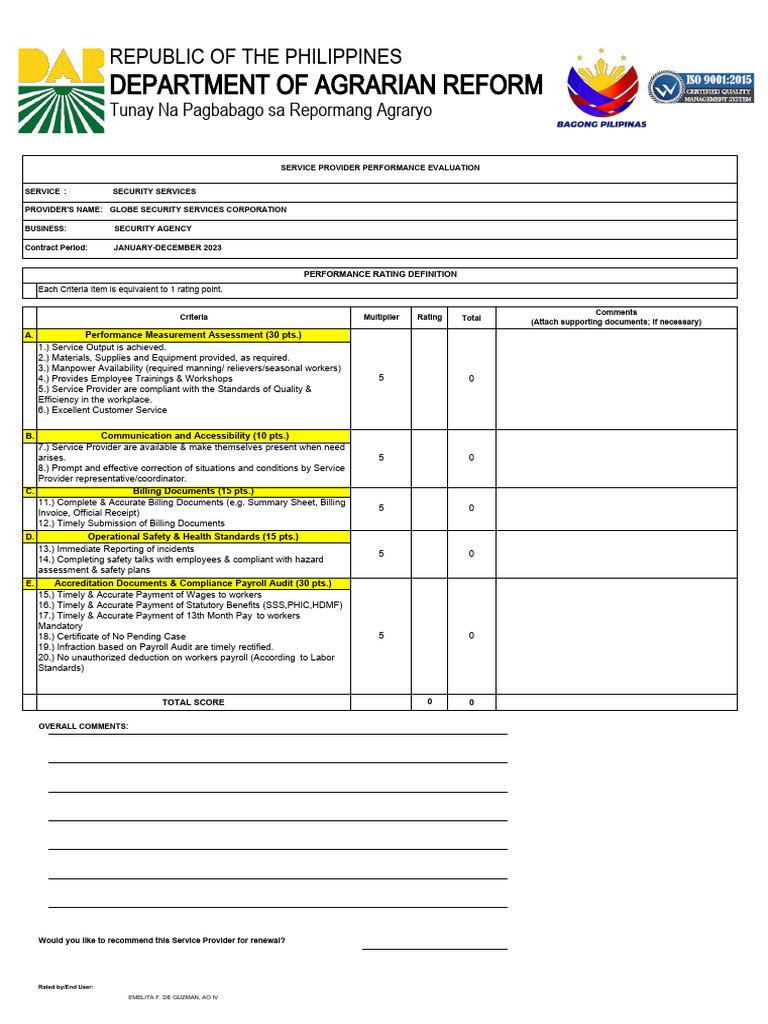 Service Provider Performance Evaluation 2023 | PDF | Invoice | Employment