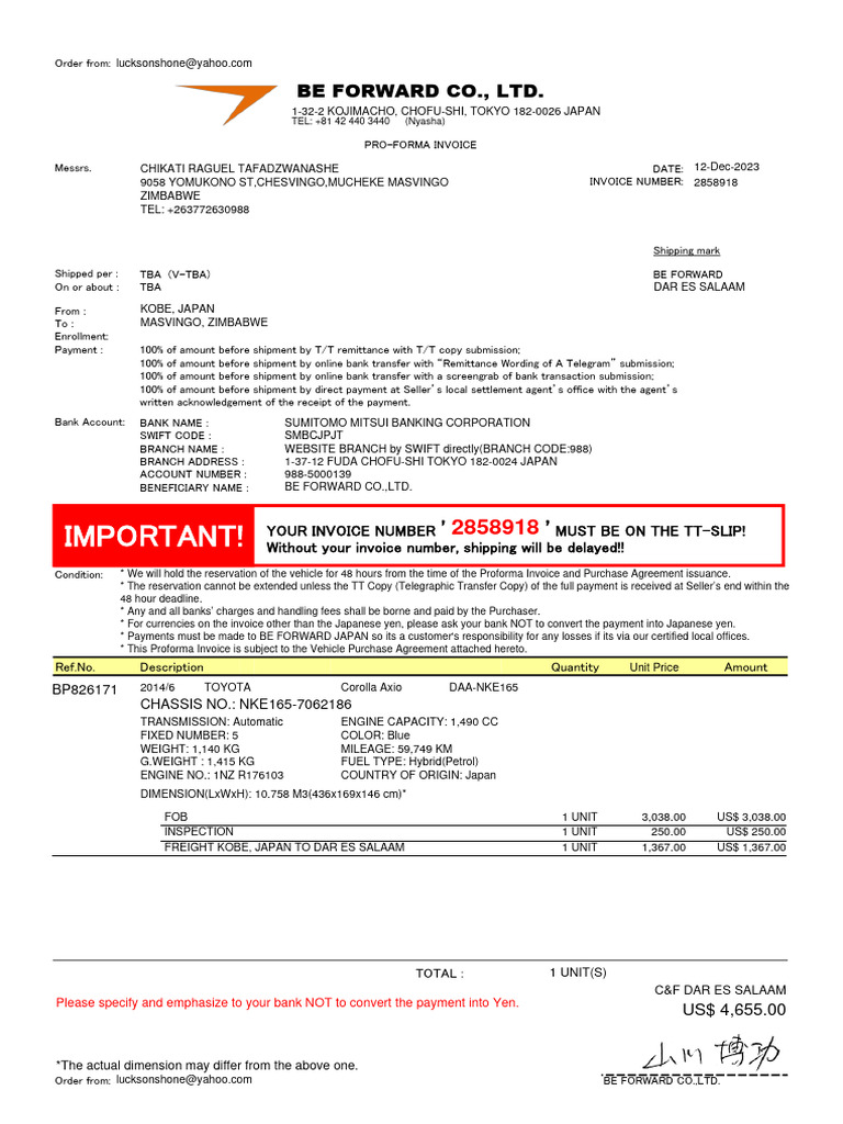Proforma Invoice for Vehicle Purchase | PDF