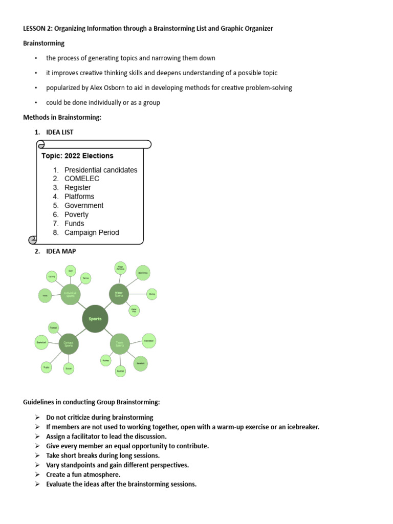 Reading and Writing Lesson 2 NOTES | PDF | Brainstorming | Learning