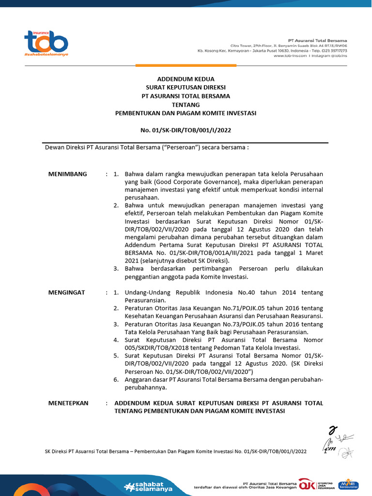 Piagam Komite Investasi PT Asuransi Total | PDF