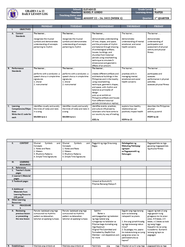 DLL - Mapeh 5 - Q1 - W1 | PDF