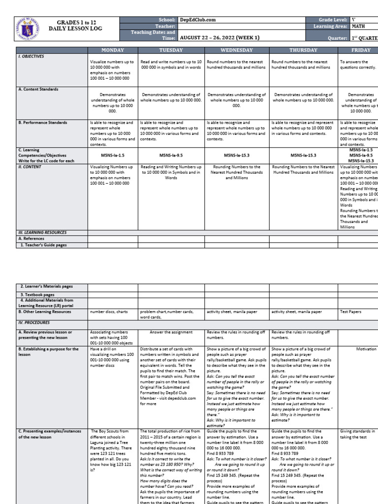 DLL - Math 5 - Q1 - W1 | PDF | Understanding | Teachers