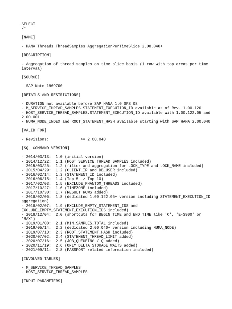 HANA Threads ThreadSamples AggregationPerTimeSlice 2.00.040+ | PDF