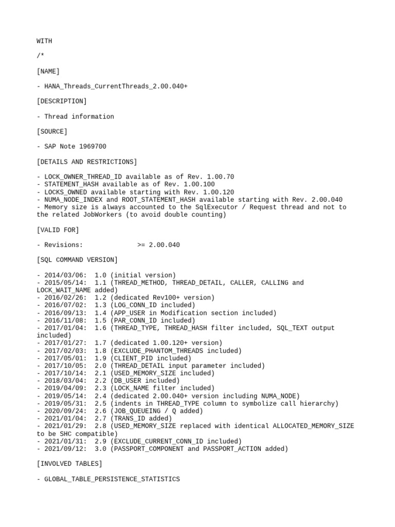 HANA Threads CurrentThreads 2.00.040+ | PDF | Thread (Computing) | Database Transaction