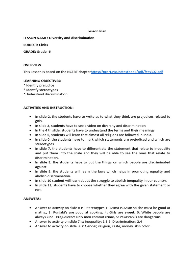 Lesson Plan G6 Civics Diversity and Discrimination | PDF | Prejudices ...