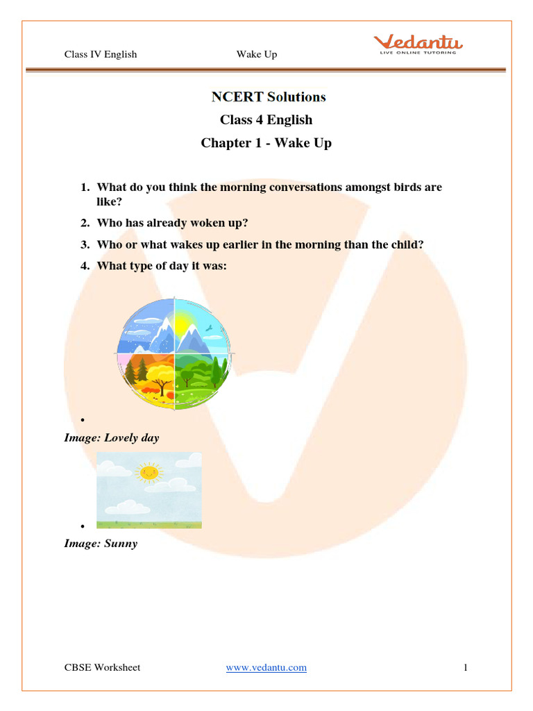 NCERT Solutions For Class 4 English Chapter 1 - Wake Up - . | PDF