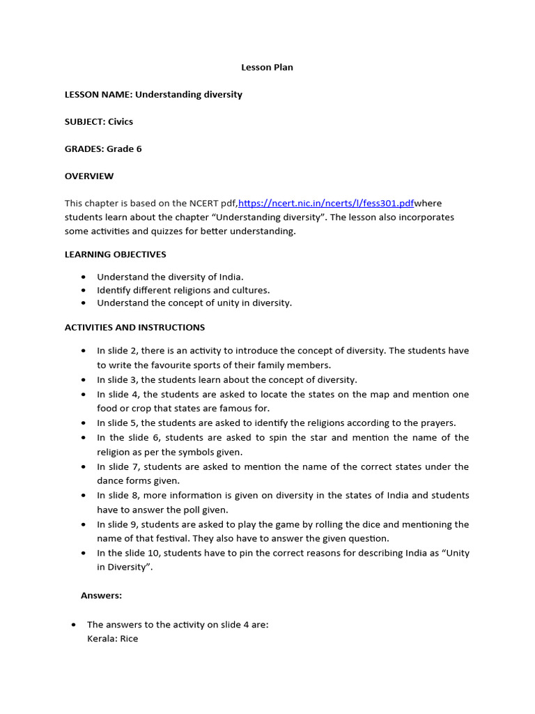 Class 6 Lesson Plan: Understanding Diversity | PDF | South Asia