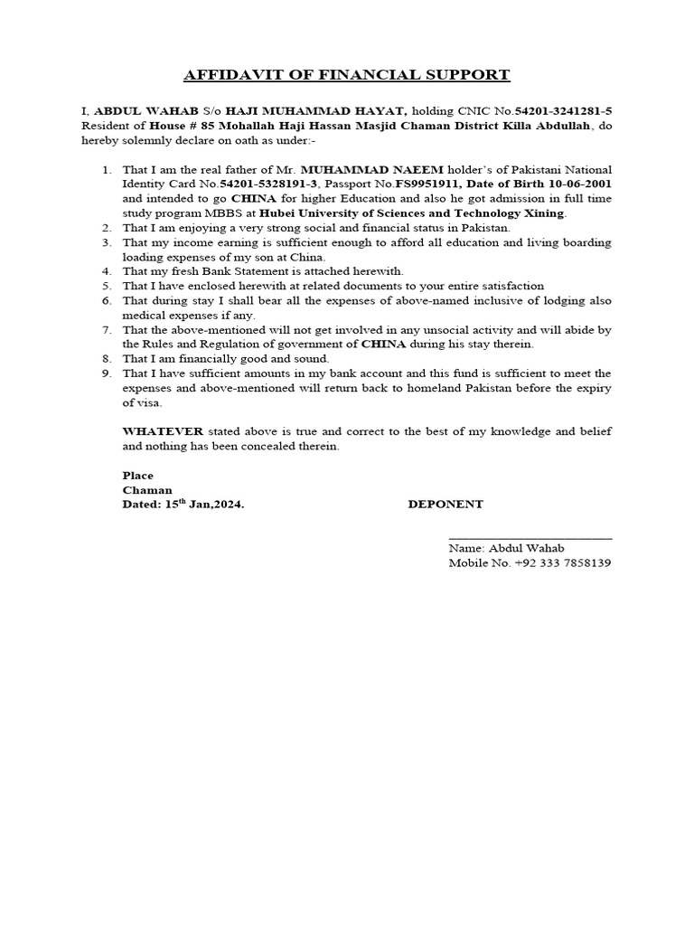 Affidavit of Financial Support for Visa | PDF