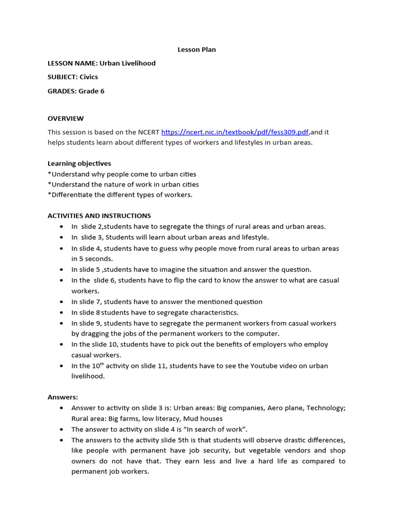 Lesson Plan G6 Civics Urban Livelihood | PDF | Learning