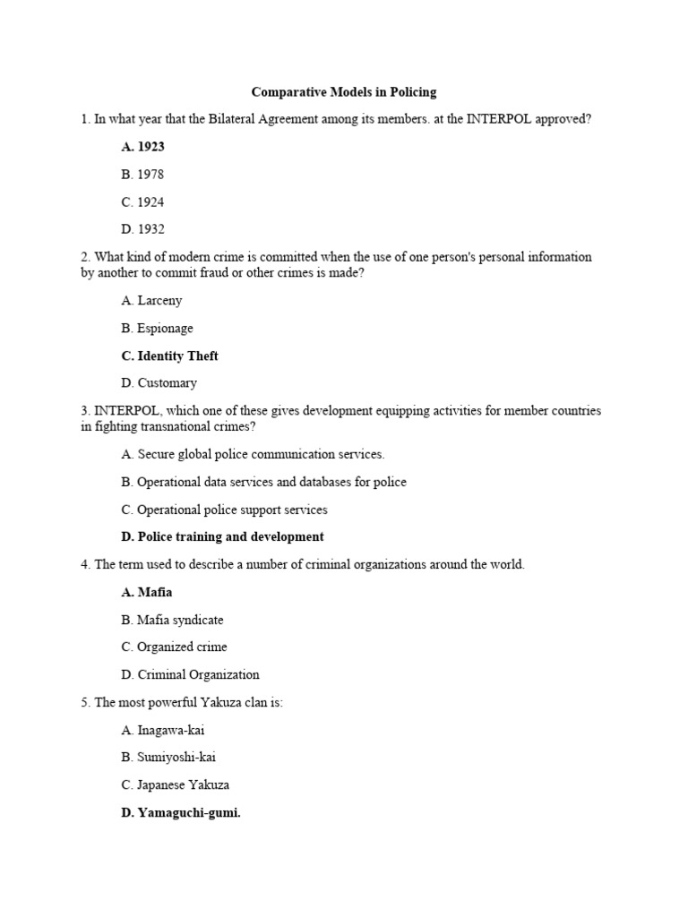 Comparative Policing Models Quiz | PDF | Police | Organized Crime