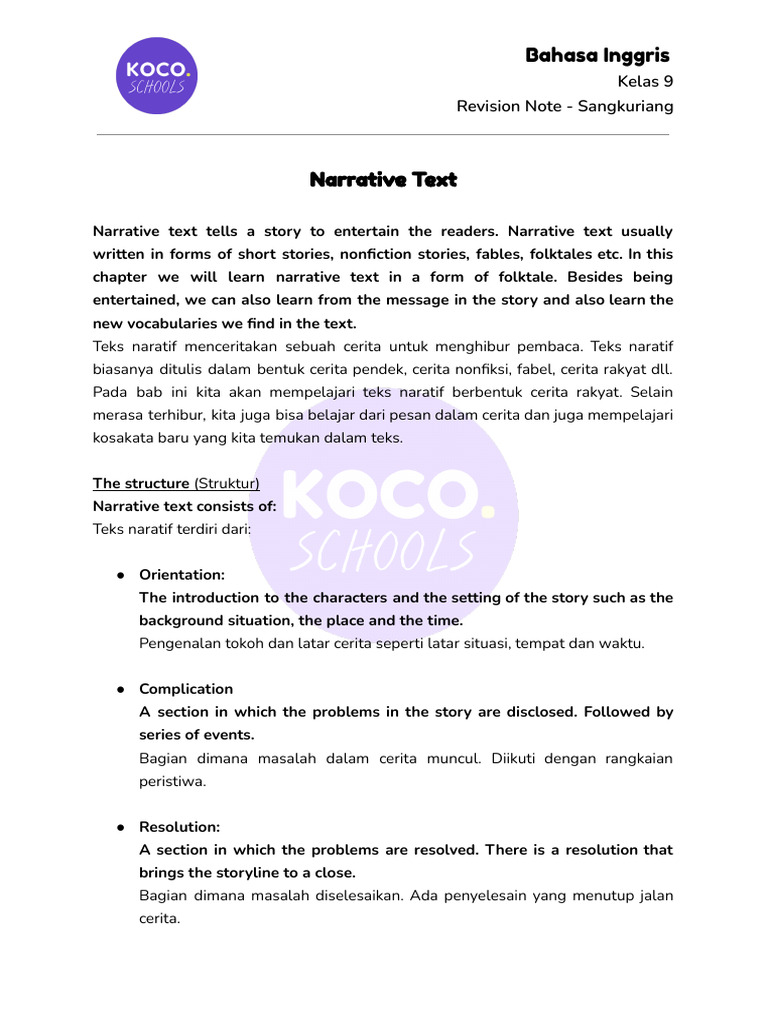 Revision Note Bahasa Inggris Kelas 9 Sangkuriang | PDF