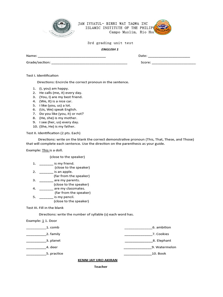 3rd Grading Unit Test Pdf Linguistics Linguistic Morphology