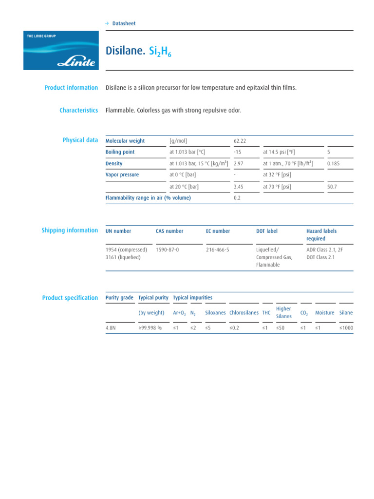 Linde Datasheet 16 Disilane June 2017 - tcm17 417426 | PDF | Gases ...