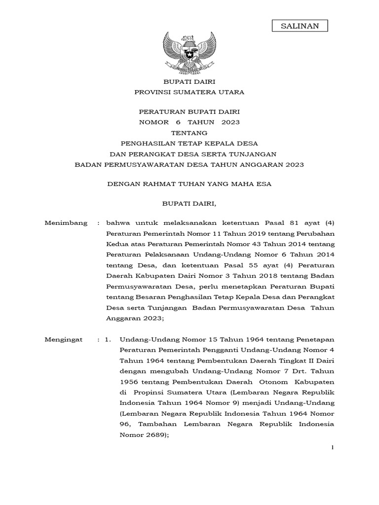 Perbup No. 6 TTG Siltap Kades Dan Perangkat Desa TA 2023 - Ok | PDF ...