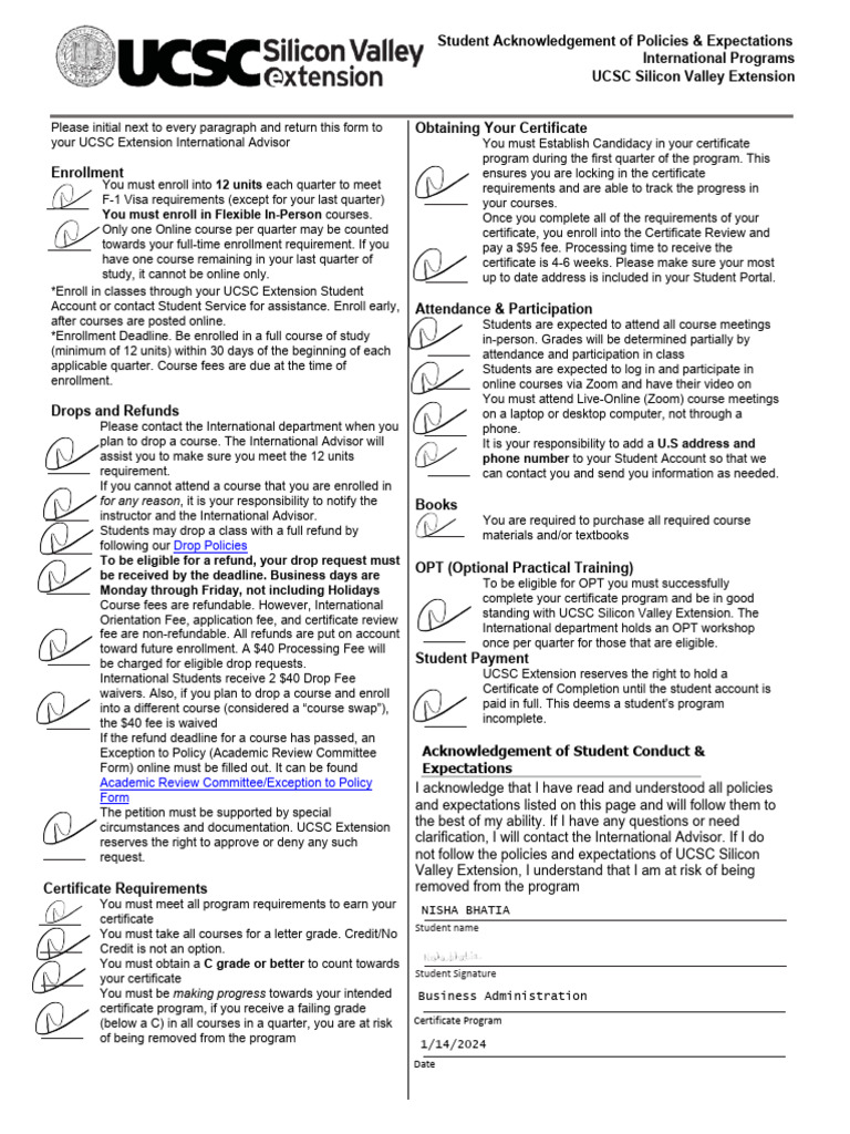 Int'l Student Policies and Expectations Form 2024-1 | PDF