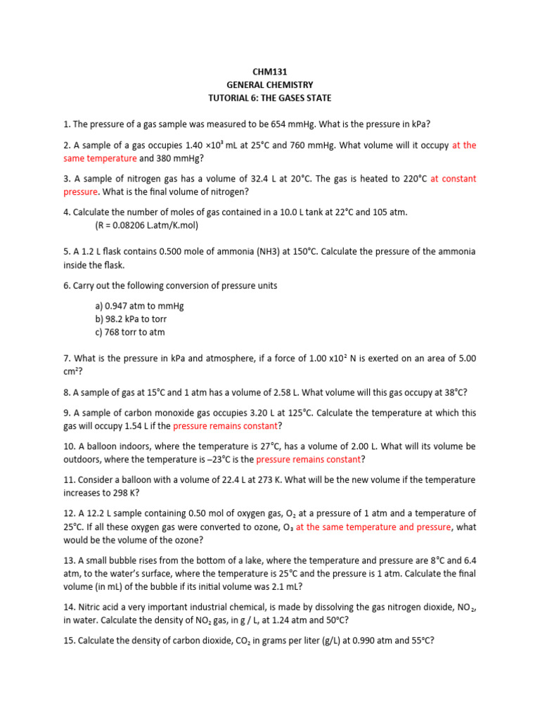 Tutorial Gaseous State CHM131 | PDF | Gases | Pressure