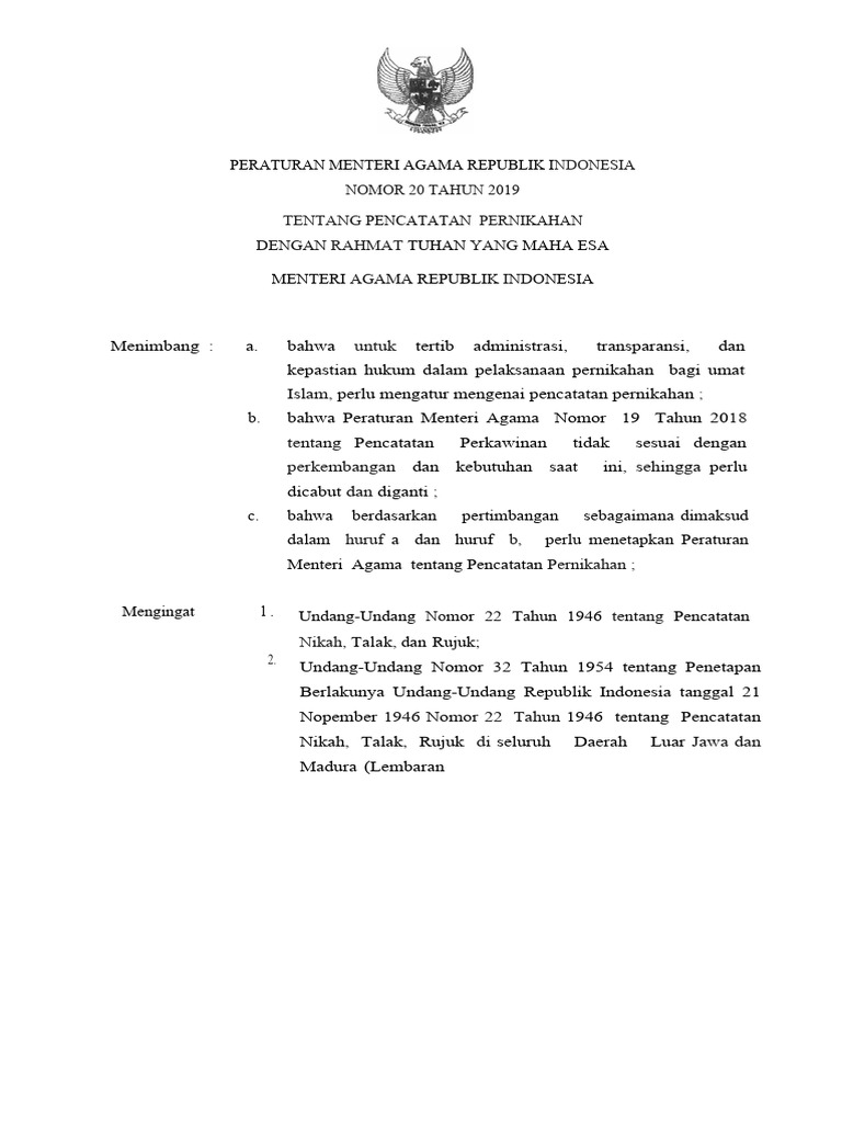 PMA No. 20 PENCATATAN PERNIKAHAN | PDF