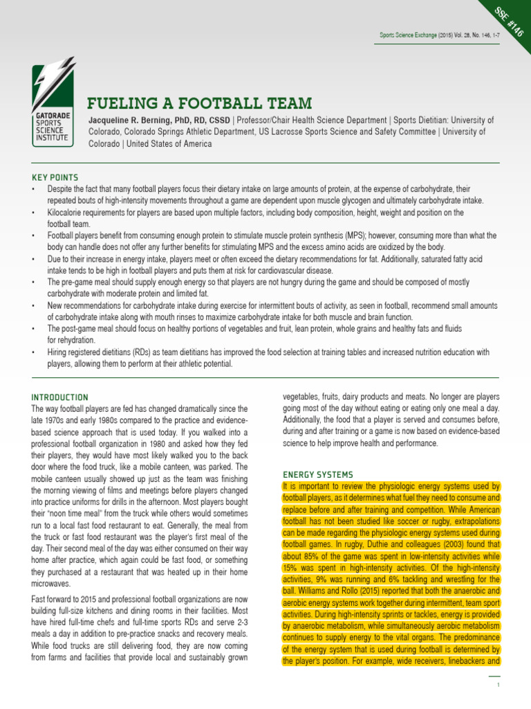 Fueling A Football Team | PDF | Fat | Dieting
