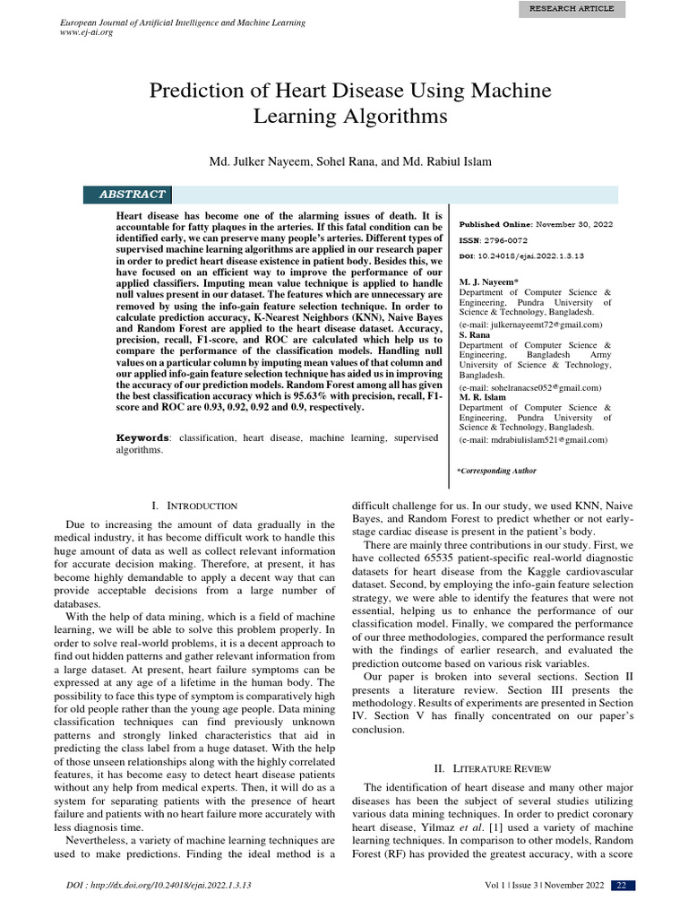 Prediction of Heart Disease Using Machine Learning | PDF | Machine Learning | Statistical ...