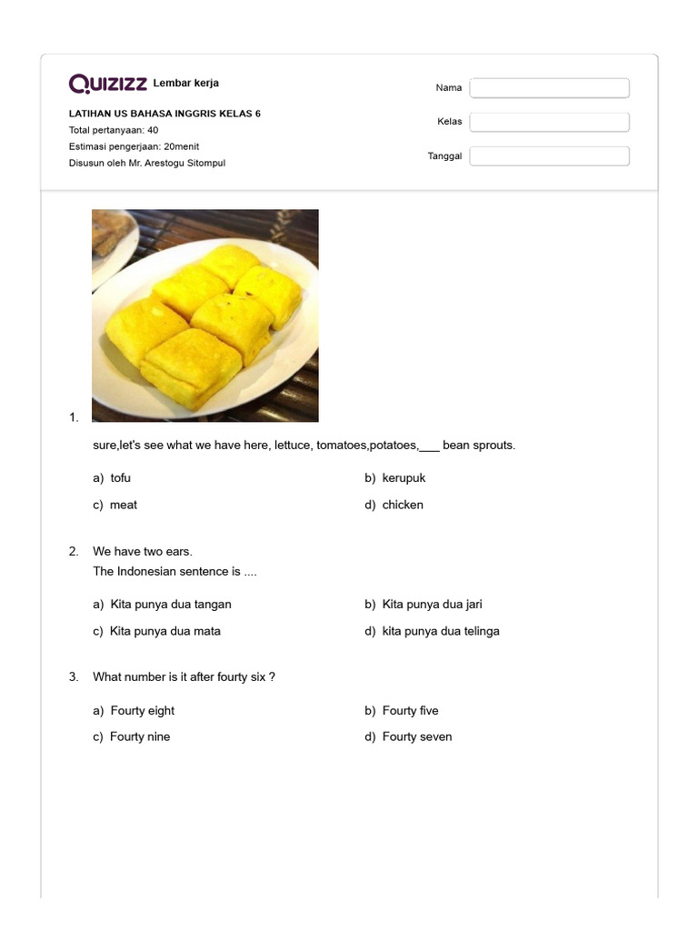 Latihan Us Bahasa Inggris Kelas 6 Quizizz Pdf