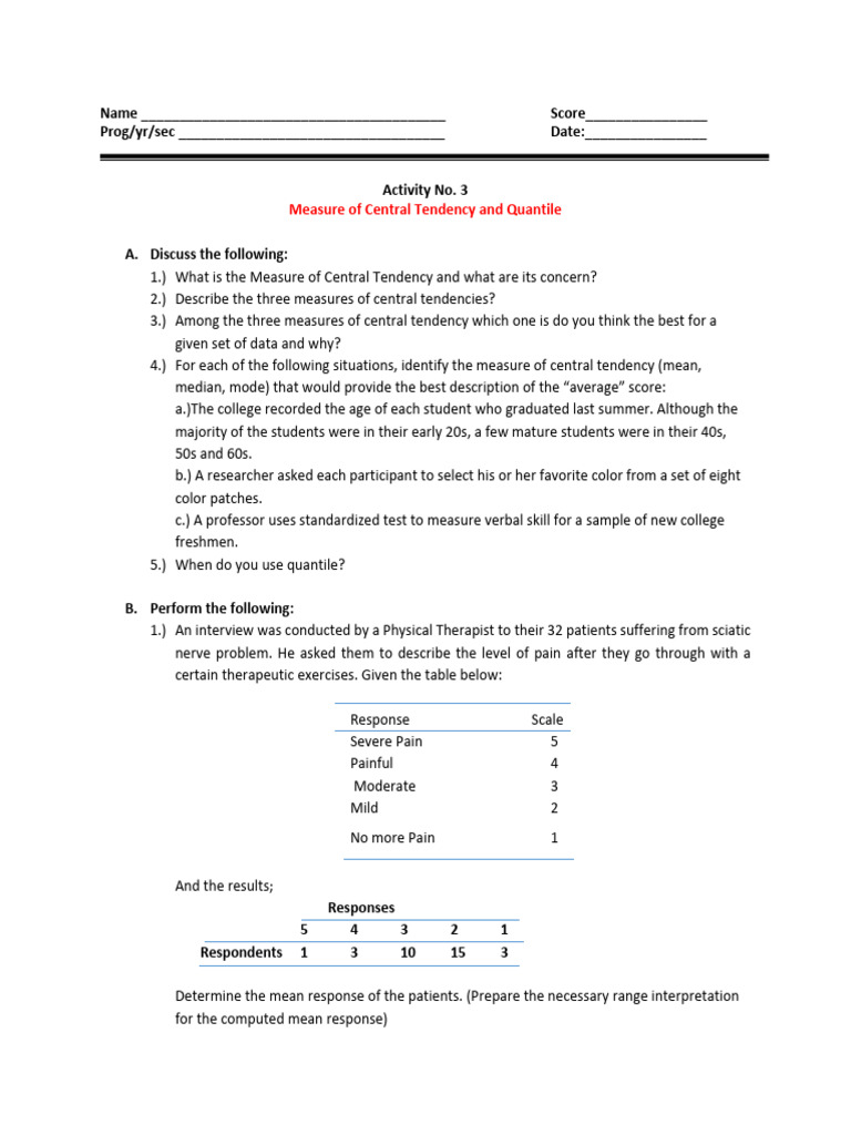 Activity 3. Measure of Central Tendency and Quantile | PDF | Mean | Median