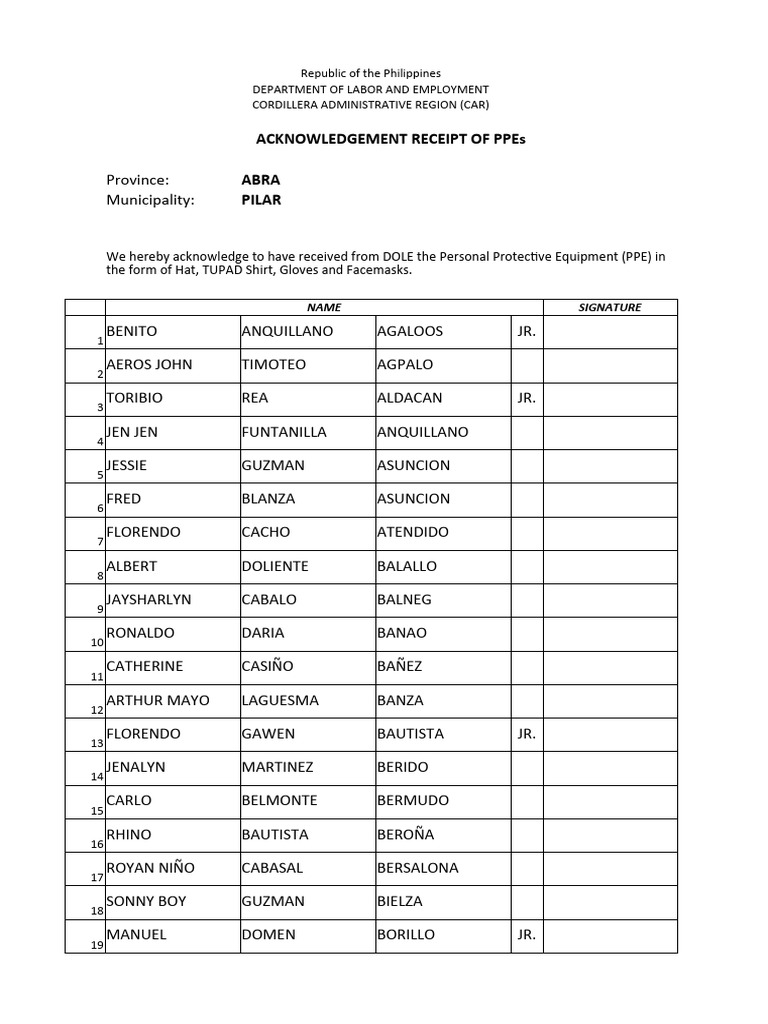 PPE Acknowledgement Receipt - Pilar | PDF | Personal Protective ...