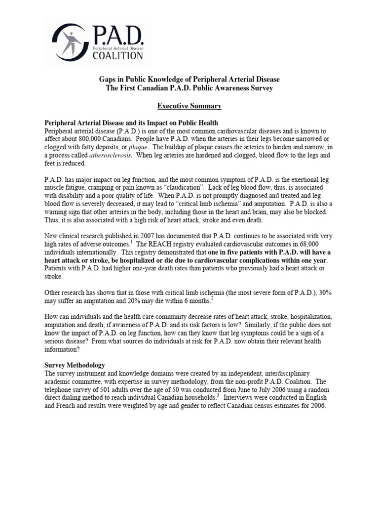 Pad Public Awareness Survey | PDF | Myocardial Infarction ...