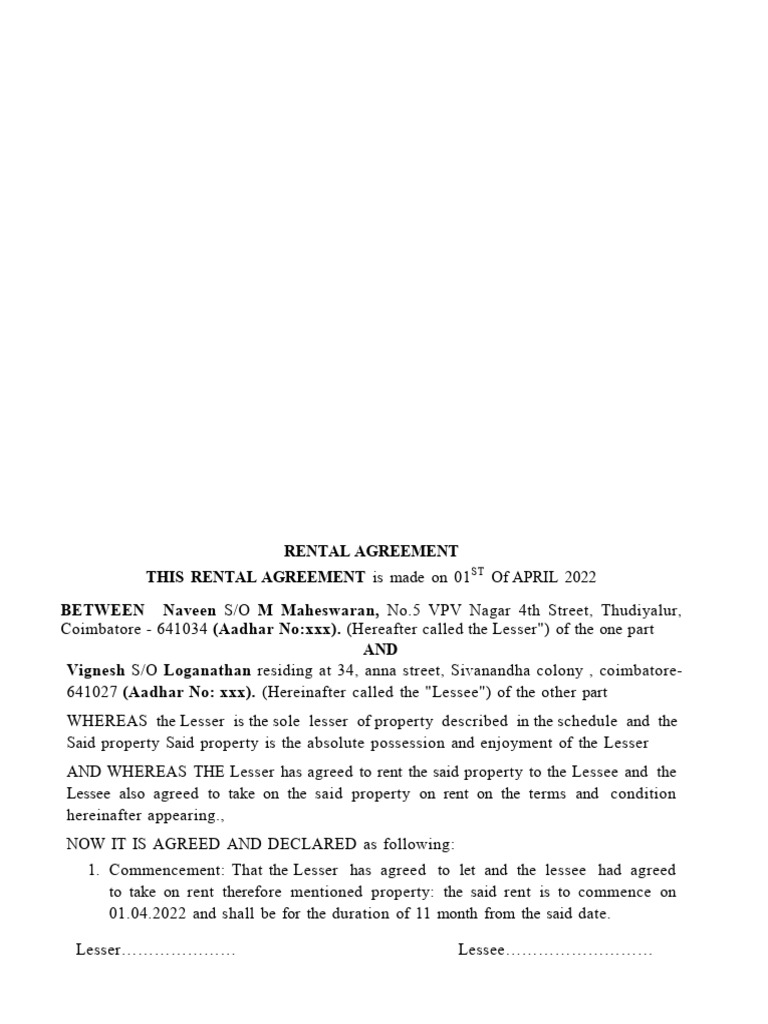 REntal Agreement | Download Free PDF | Lease | Taxes