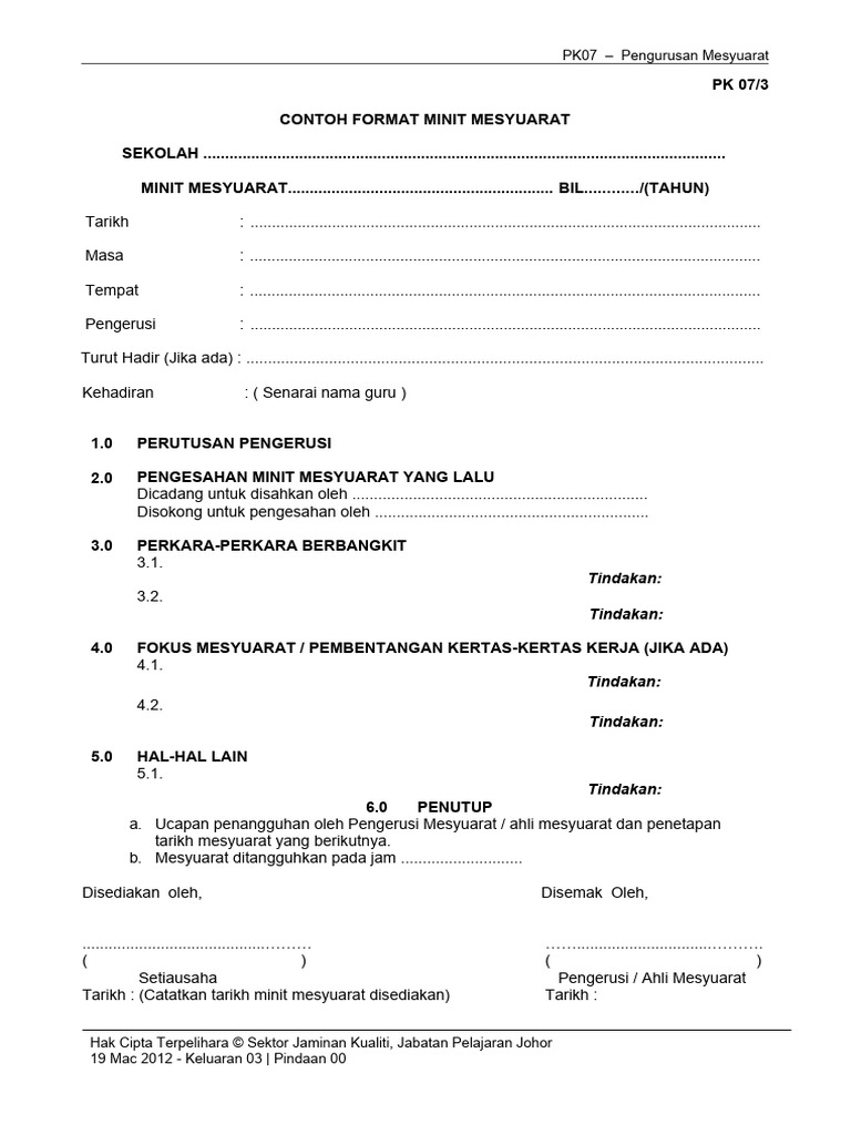 Contoh Format Minit Mesyuarat Panitia | PDF